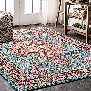 JONATHAN Y BMF100A-8 Bohemian Flair Boho Vintage Traditional Medallion Indoor Area-Rug Floral Easy-Cleaning High Traffic Bedroom Kitchen Living Room Non Shedding, 8 ft x 10 ft, Blue/Red