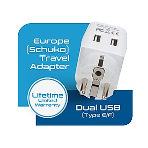 Ceptics Europe Travel Adapter Plug Set Schuko - with 2 USB + USA Socket Input - Type E/F and Type C - Ultra Compact - Safe Grounded Perfect for Cell Phones, Laptops, Camera Chargers (CTU-9-9C-PK)