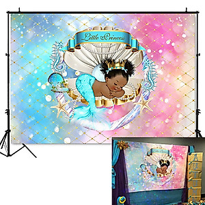 Mocsicka Royal Mermaid Princess Backdrop Under Sea Glitter Shell Crown Background 7x5ft Black Girl Backdrops Banner for Baby Shower, Birthday Party