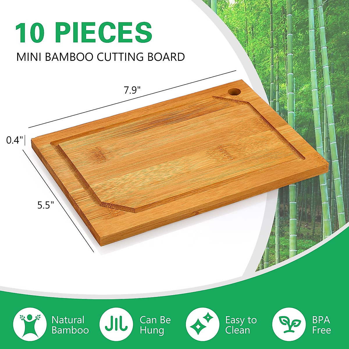 10 Pcs Mini Bamboo Cutting Board Bulk Small Kitchen Bar Wood Chopping Board Wooden Blank Charcuterie Serving Board for Housewarming Gift Baking Painting (Juice Groove Style,7.9 x 5.5 x 0.4 Inch)