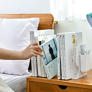 Greeney Expandable Bookend,Adjustable Desktop Bookshelf with Pen Holder for Office School Home Desk (White)