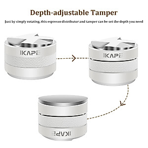 IKAPE Coffee Products, 53mm Coffee Distributor & Hand Tamper, Adjustable Depth Espresso Distributor Fits All 53mm Espresso Portafilter, Compatible with 54MM Breville Bottomless Portafilter (Silver)