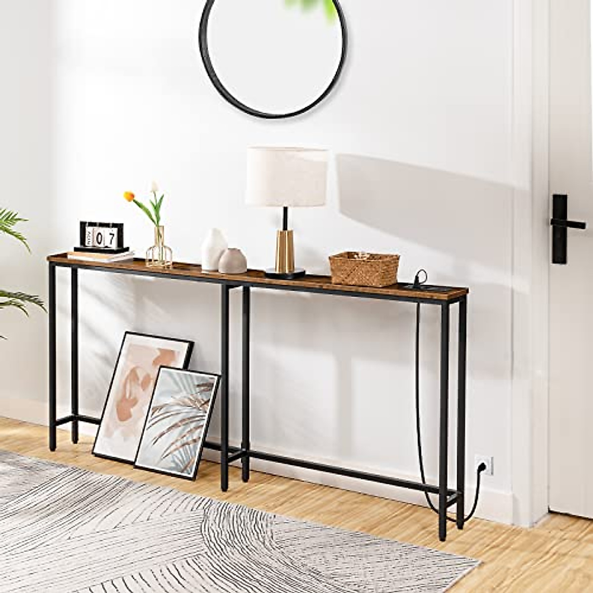 HOOBRO 5.9" Behind Couch Table Skinny with Charging Station, 63" Narrow Console Table with Power Outlets, Long and Thin Sofa Table, Slim Entryway Table, Rustic Brown BF165UXG01