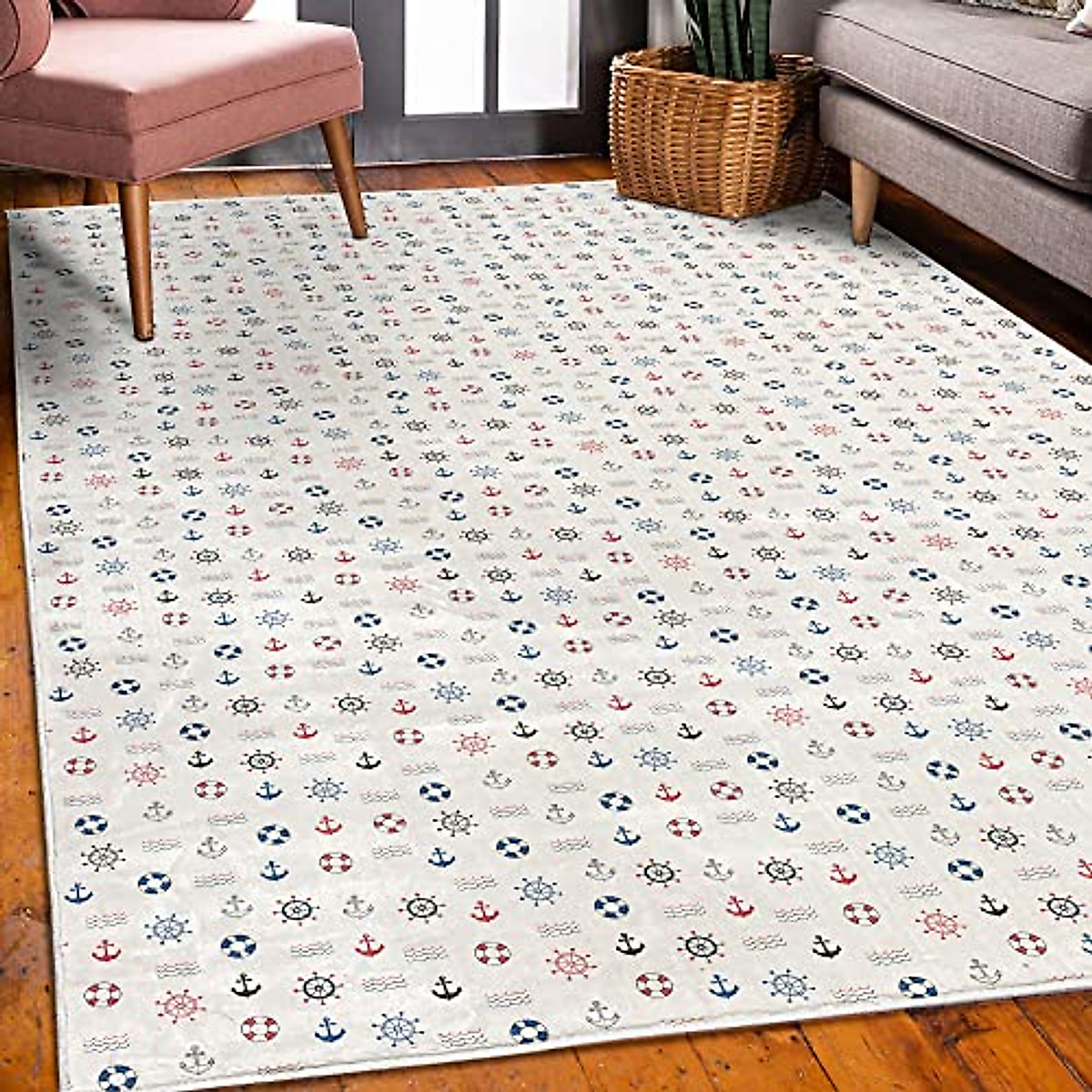 Ambesonne Nautical Decorative Area Rug, Marine Elements Featured Life Anchor Compass Sea Waves Theme, Quality Carpet for Bedroom Dorm Living Room, 4' X 5' 5", Blue and Red