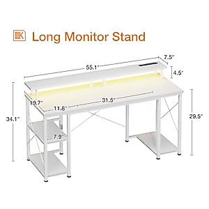 ODK 55 inch Gaming Desk with LED Lights & Power Outlets, Computer Desk with Monitor Stand & Storage Sheves, CPU Stand, Home Office Desk White