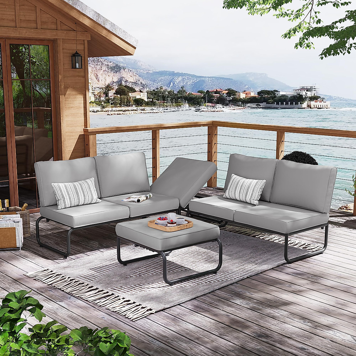 VredHom 6PCS Aluminum Outdoor Furniture Sets with Cushion Patio Sectional Sofas with Adjustable Backsest, Patio Conversation Set for Pool, Backyard, Garden, Light Gray