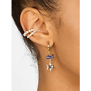 Moepapa Pearl Hoop Earrings Ear Cuff no piercing 2pacs Set (White)