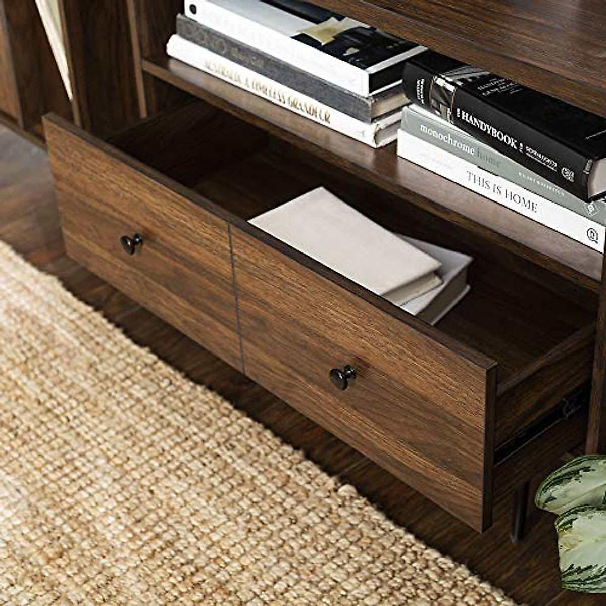 Walker Edison Modern Wood TV Stand with Record Storage for TV's up to 65" Flat Screen Universal TV Console Living Room Storage Cabinet Doors Shelves Entertainment Center, 60 Inch, Dark Walnut