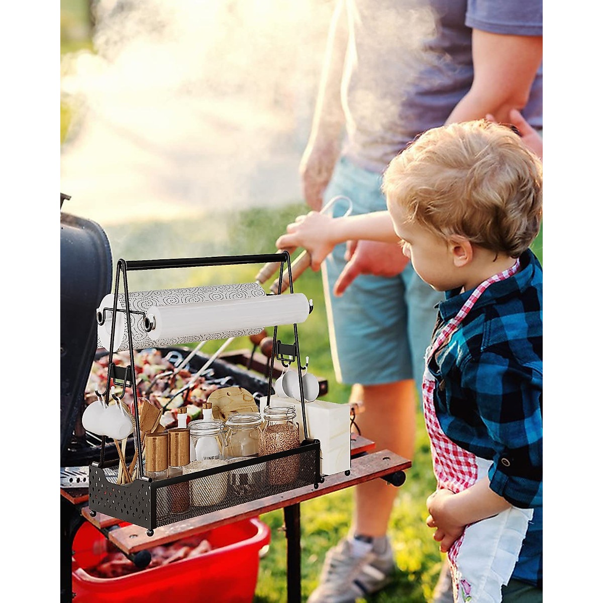 Utensil Caddy, Grill Condiment Caddy, BBQ & Picnic Caddy, Utensil Holder for Party, Picnic Flatware Caddy with Handle and Paper Towel Roll Holders, Utensil Cutlery Caddy for Camping, Kitchen