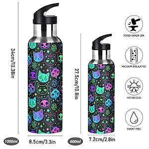 Burbuja Cute Cartoon Voodoo Cat Stainless Steel Water Bottle, Vacuum Insulated Water Bottles with Straw Lid for Sports, Gym, School - Leak & Sweat Proof, BPA Free, 32 oz