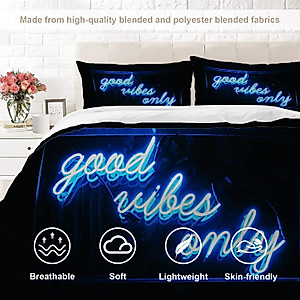 BaoNews Blue Neon Signage Duvet Cover Set Full Size,3 Pieces Good Vibes Only Words Blue Neon Bedding Set Hotel Quality 100% Cotton Comforter Cover Set with 2 Pillowcases(No Filler)