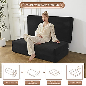 Tri-Folding Corduroy Mattress, 6 Inch Gel Folding Mattress Topper, Foldable Soft Guest Bed Camping Pad, Washable Cover (Black, Twin)