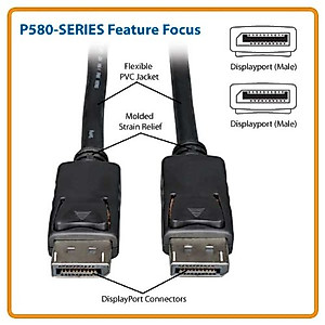 Tripp Lite DisplayPort Cable with Latches (M/M), DP to DP, 4K x 2K, 6-ft. (P580-006), Black, Monitor