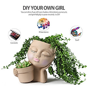 WEWEOW Face Planter Pot - Double Flower Pots in One for Indoor Outdoor Plants Resin Head Planter with Drainage Hole Cute Lady Face Plant Pots