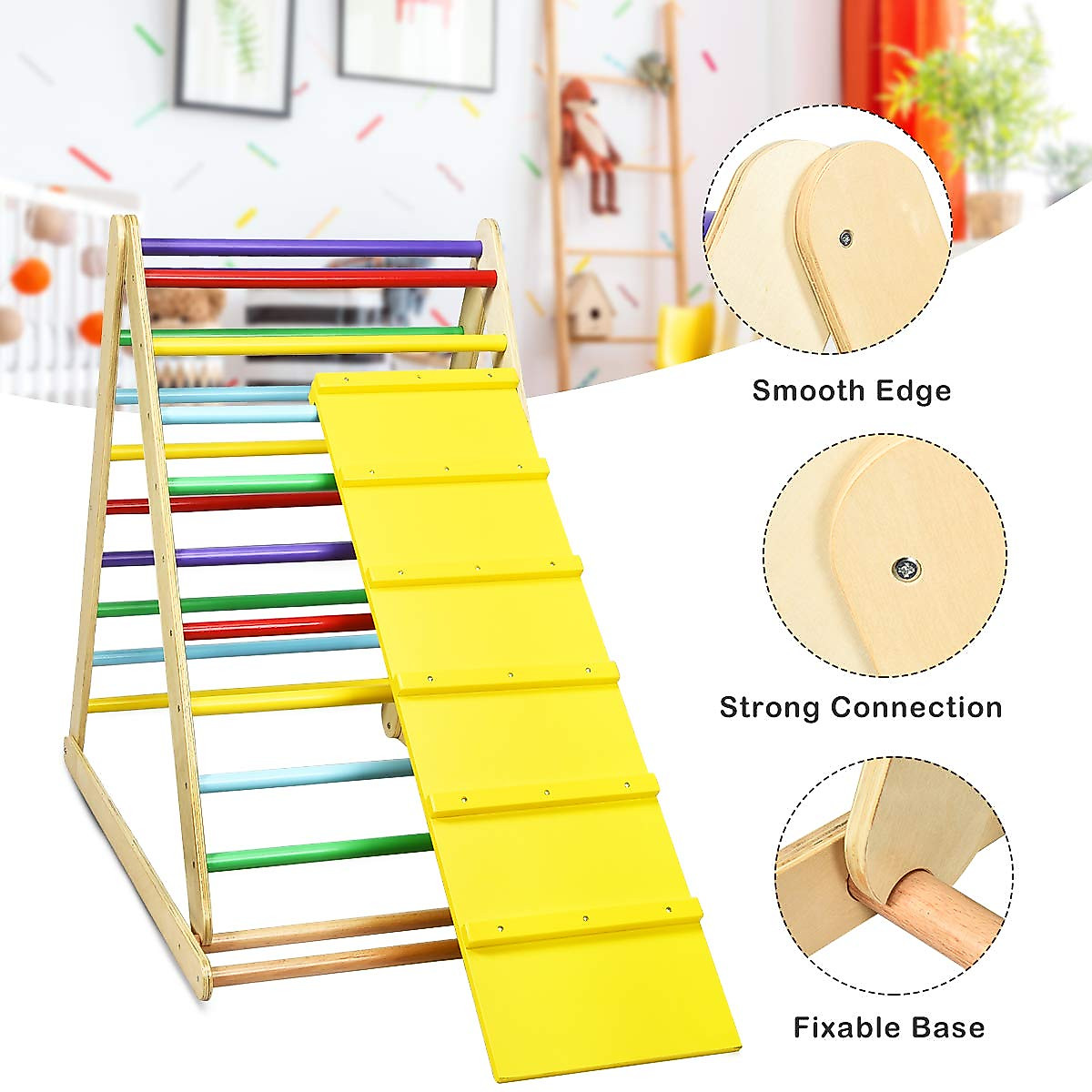 HONEY JOY Triangle Climber with Ramp, 2-in-1 Indoor Toddler Climbing Triangle Set with Ladder & Slide, Foldable Wooden Kids Climbing Toys for Playground, Gym & Daycare, Gift for Boys Girls (Colorful)
