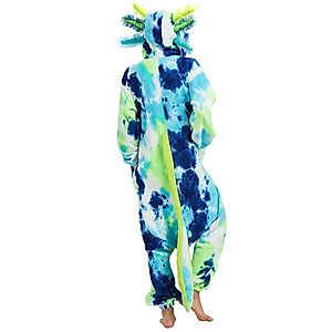 DELEY Unisex Tie Dye Green Axolotl Onesie Adult Halloween Pajamas Cosplay Animal Costume Plush Homewear Sleepwear Jumpsuit