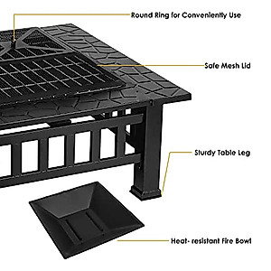 32in Fire Pit Set Wood Burning Pit 3 in 1 Patio Firepit Table BBQ Garden Stove for Outside Wood Burning and Drink Cooling