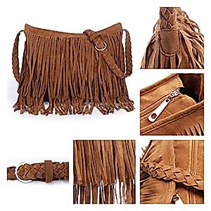 Maxzoom Womens Hippie Suede Fringe Tassel Messenger Bag Hobo Shoulder Bags Crossbody Handbag (brown)