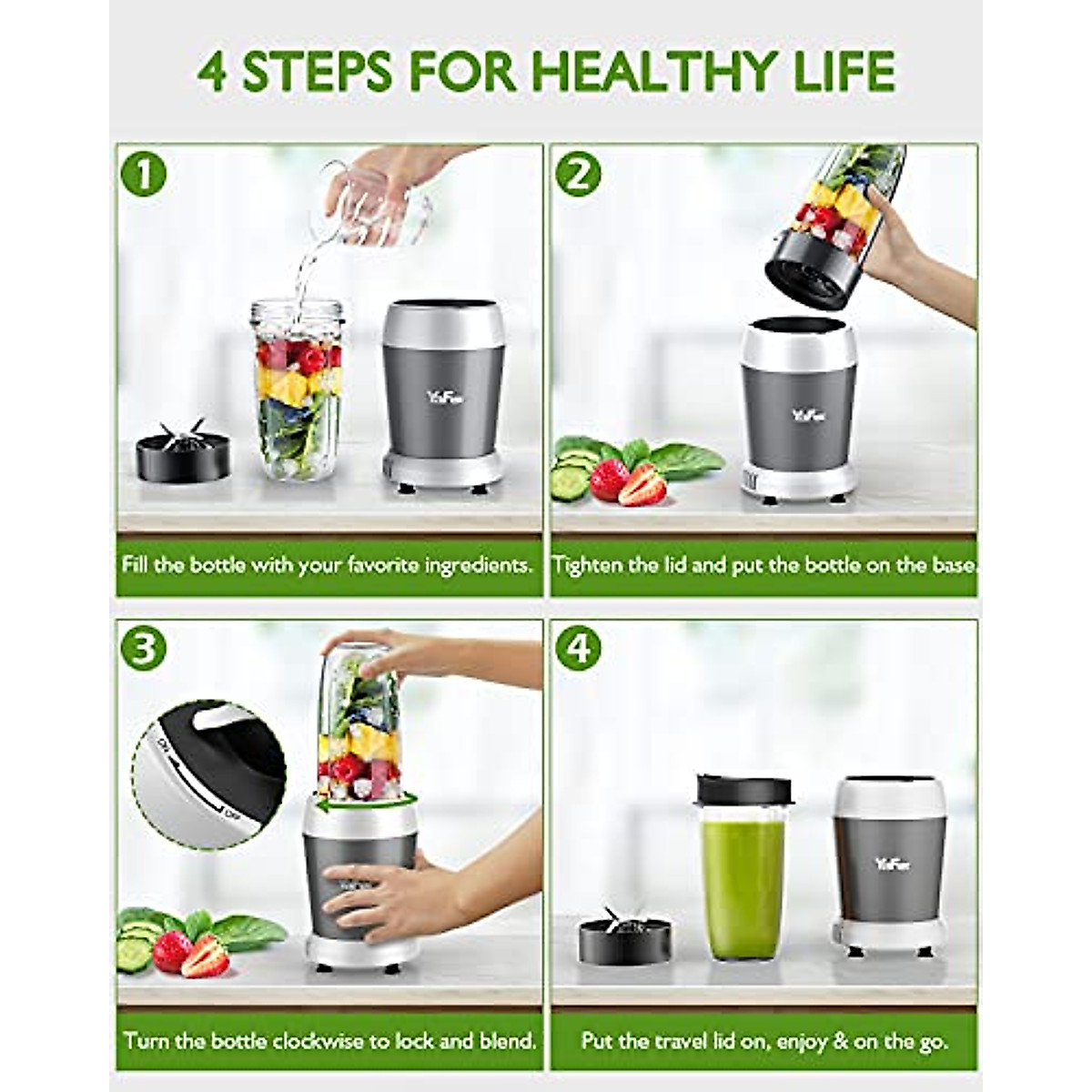 YaFex Personal Blender for Shakes and Smoothies, 700W 6-Blade Smoothie Blender for Frozen Fruit and Ice, with 1 28 Oz Travel Bottle, 1 To-Go Lid, BPA Free & Dishwasher Safe (Gray/Silver)