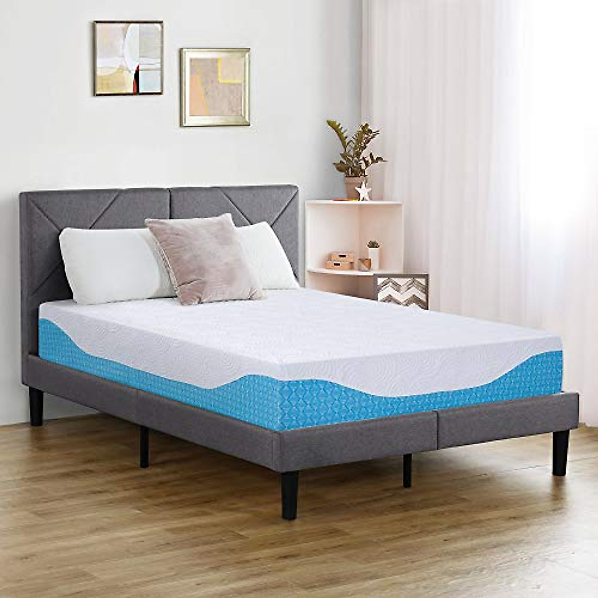 PrimaSleep 12 Inch Multi-Layered I-Gel Infused Memory Foam Mattress | White/Blue | Queen