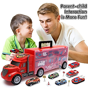 Toddler Toys for 3-4 Year Old Boys,Large Transport Cars Carrier Set Truck Toys with 12 Die-cast Vehicles Truck Toys Cars,Ideal Christmas Easter Valentines Day Gifts Toys for Kids Age 3-7 (Red)