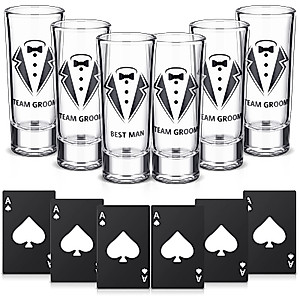 6 Pcs Groomsmen Shot Glasses and 6 Pcs Ace of Spades Bottle Opener 2 oz Tuxedo Printed Groomsmen Shot Glasses Set of 6 Groomsmen Proposal Gifts Bachelor Party Supplies for Wedding Party Favor Gifts