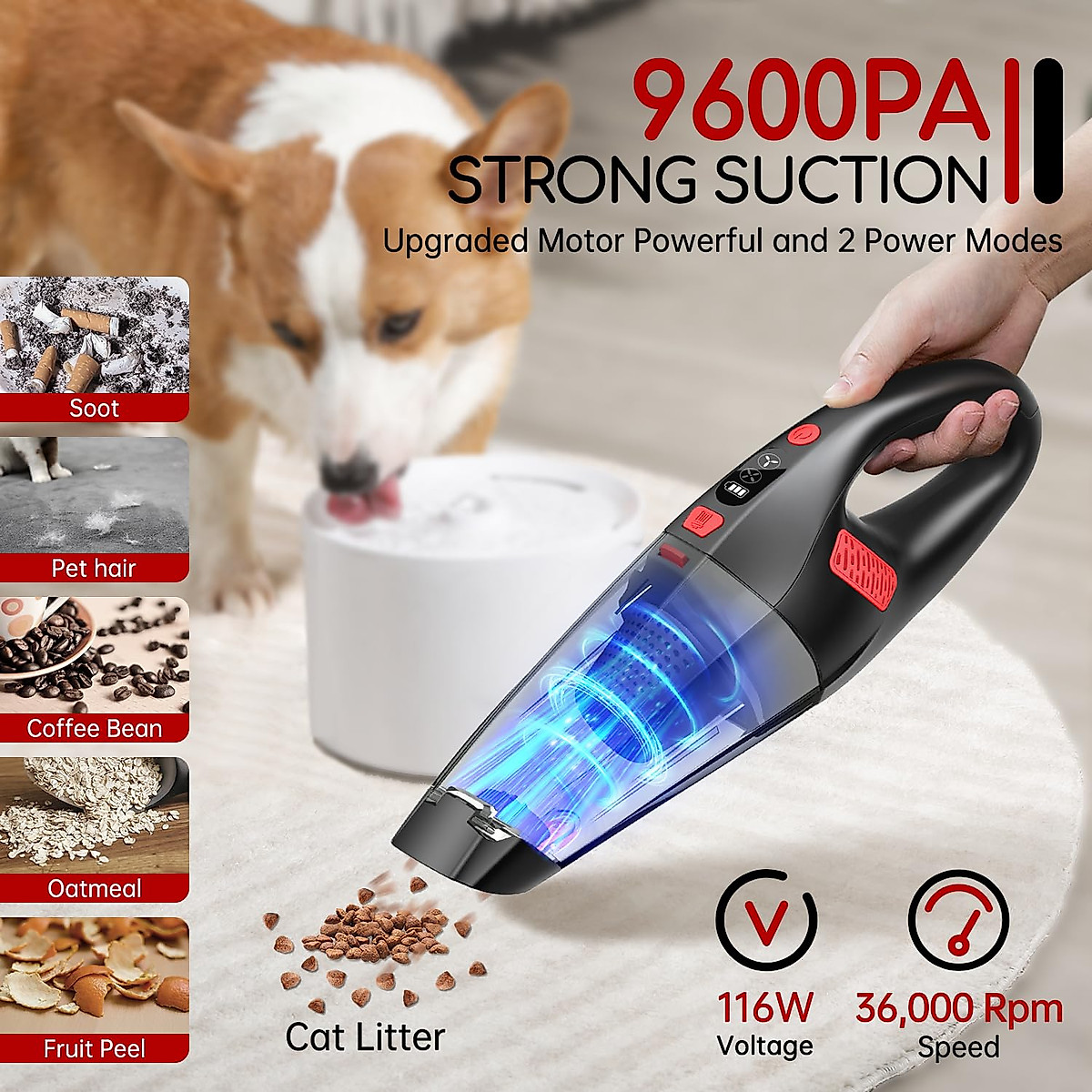 Handheld Vacuum Cordless Upgrade 9000PA, IMINSO Hand Vacuum with LED Light, Rechargeable Car Vacuum Cordless, Hand Held Vacuum Cleaner, Mini Vacuum for Car/Home, Lightweight Portable Vacuum