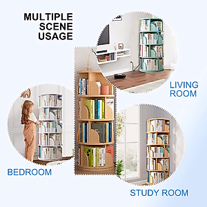 Rotating Bookshelf Tower, 4/5 Tier Circular Bookshelf for Kids&Adults, 18 in Wood 360° Floor Standing Book Storage Rack, Spinning Bookshelf Tower for Classroom Playroom Study Bedroom (White, 1-5)