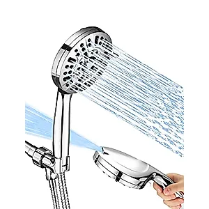 Likense High Pressure Shower Head with Handheld, 10 Spray Settings Water Saving Shower Heads with Stainless Steel Hose,Holder & PTFE Tape, Wider Silver Face for Tubs Tiles Walls Pets Cleaning