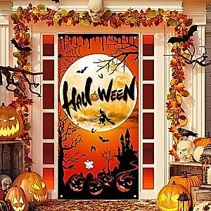 Halloween Door Decoration Happy Halloween Door Cover, Large Fabric Halloween Party Decorations Door Cover for Front Door Porch Wall Decoration Halloween Party Supplies Indoor Outdoor,5.9x2.9 Feet, D