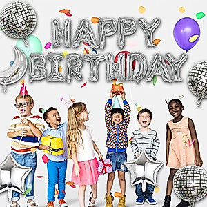 Refavor Disco Happy Birthday Decorations - 19pcs Birthday Party Decorations Disco Theme Silver Happy Birthday Letters Balloons Moon Star Ball Balloons Decor 60s 70s 80s Retro Birthday Decoration Women