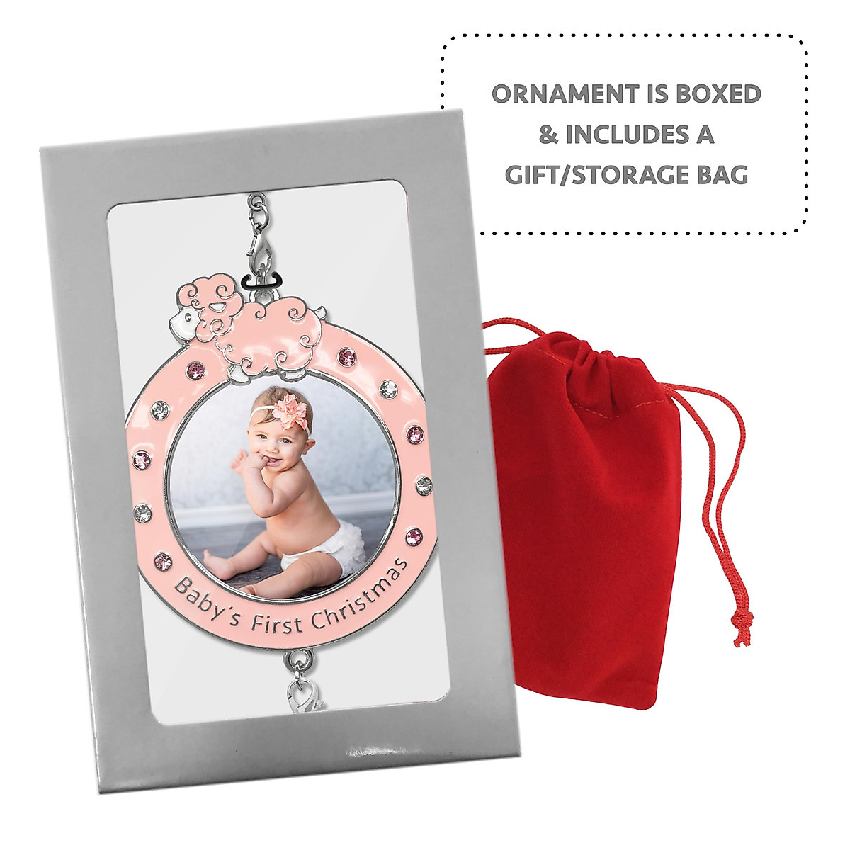 BANBERRY DESIGNS Baby Girl's First Christmas - 2024 Photo Ornament - Dated Xmas Picture Decoration for Newborn Daughter - Baby's 1st Keepsake - Gift/Storage Bag Included