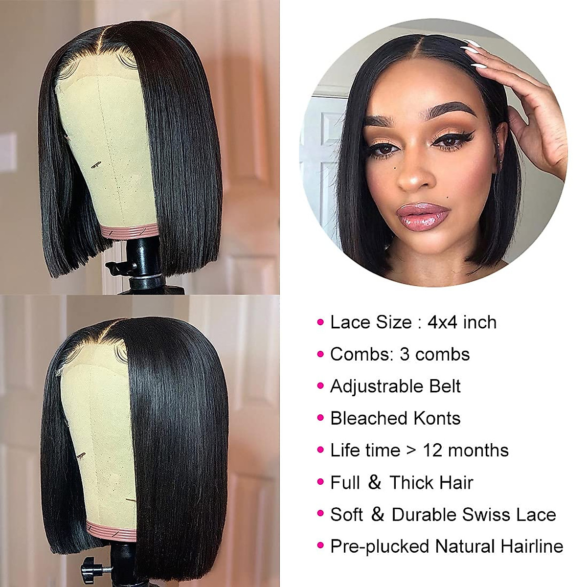 Foreverlove 12 Inch Bob Wig Human Hair Ready to Wear Glueless 4x4 Lace Closure Wigs Human Hair Pre Cut 180% Density Unprocessed Brazilian Virgin Human Hair