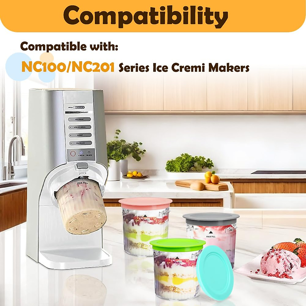 YQL Creami Pints and Lids - 4 Pack,Creami Pint Containers Ice Cream Containers 16oz Compatible with Ninja NC201 NC200 Series Ice Cream Maker Dishwasher Safe