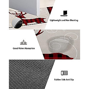 Christmas Reindeer Bath Mat for Tub,Non Slip Bathroom Floor Runner Rug Quick Dry & Absorbent Diatomaceous Earth Kitchen Shower Sink Washable Doormat,Red Black Buffalo Plaid Checkered Snowflake 16"x24"