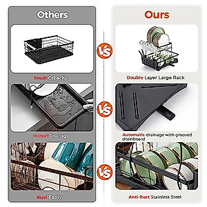 Dish Drying Rack, Dish Rack for Kitchen Counter, Over Sink Dish Drying Rack with Drain Board, 2-Tier Large Capacity Dish Drainer Organizer Shelf with Utensil Holder, Wine Glass Holder - Black