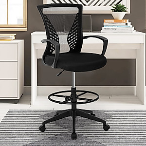 FDW Drafting Chair Tall Office Chair Ergonomic Office Chairs Adjustable Height Rolling Swivel Computer Task Chair Mesh Desk Chair with Arms Foot Rest Back Support (Black)