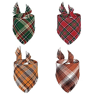 APLSTOW Fall Dog Bandanas 4 Pack, Halloween Thanksgiving Christmas Dog Bandana, Plaid Reversible Triangle Bibs Scarf for Medium and Large Dogs