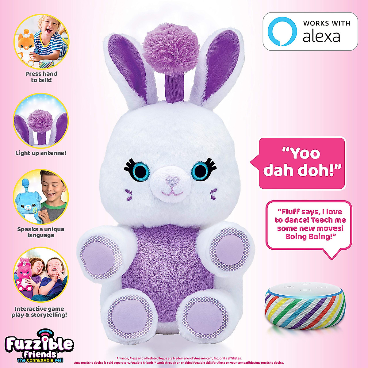 Fuzzible Friends Jazwares Fluff The Bunny Plush Light Up Toy – Works with Compatible Amazon Echo Devices for Interactive Activities and Sounds – Amazon Exclusive