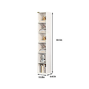 ALISENED 68.5" Tall Narrow Bookshelf, 6 Shelf Wooden Corner Bookcase, Modern Skinny Cubes Storage Organizer Display Shelving for Bedroom, Library, Living Room, Home, Office, White