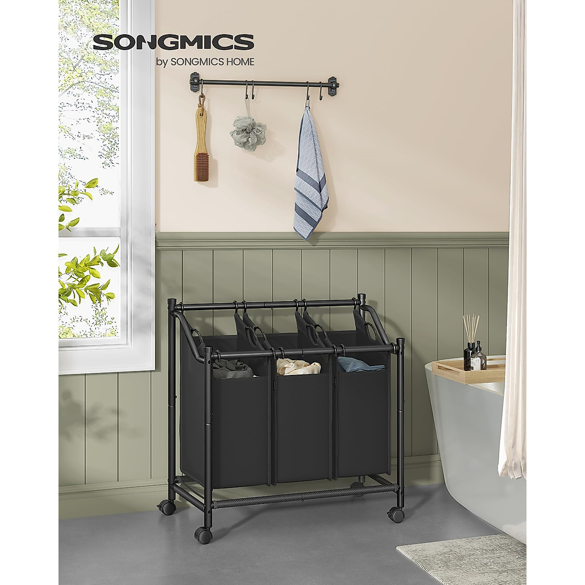 SONGMICS Laundry Sorter, Rolling Laundry Basket with 3 Removable Bags, Laundry Hamper, Laundry Cart, for Laundry Room, Bedroom, Bathroom, 3 x 11.9 Gallons, Ink Black URLS102B01