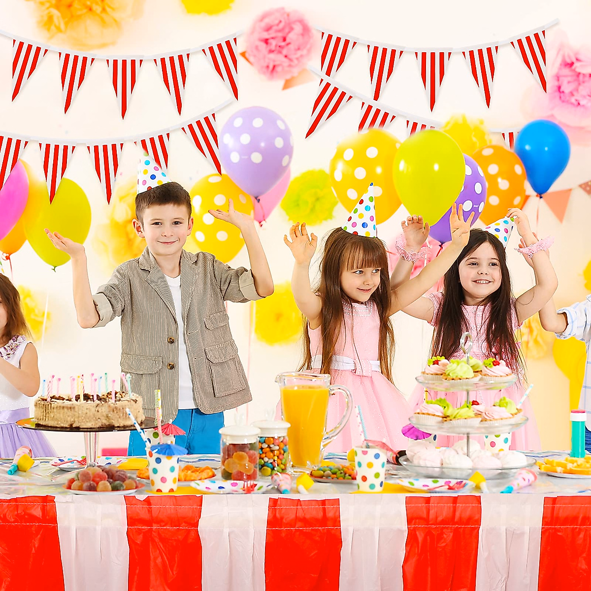 Tatuo Halloween Table Skirt Circus Pennant Bunting Flags Banner Wedding Carnival Circus Decoration Red White Striped Table Cloths for Christmas Birthday Theme Party Festival Celebration Supplies