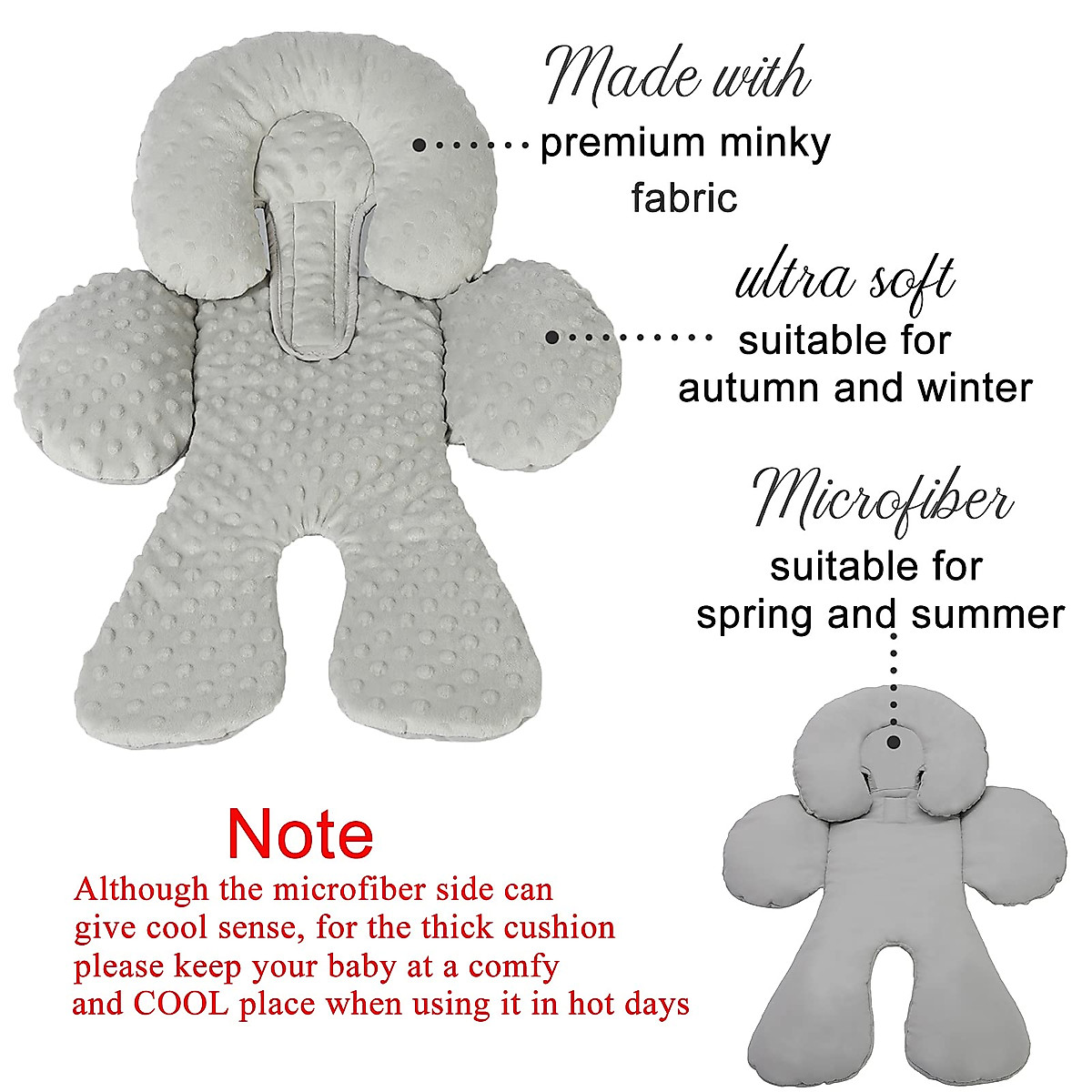 Pro Goleem Infant Car Seat Head Neck Body Support, Ultra-Soft Minky and Microfiber Newborn Car Seat Insert, Perfect for Car Seat, Stroller, 2-in-1 Reversible, for Boys and Girls, Gray