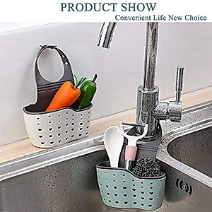 Sink Caddy Sponge Holder for Sink, Double Hanging Ajustable Strap, Silicone Sponge Caddy with Drain Holes for Drying, Sink Sponge Soap Caddy over Faucet Keep Kitchen Organized, 2PCS,Beige