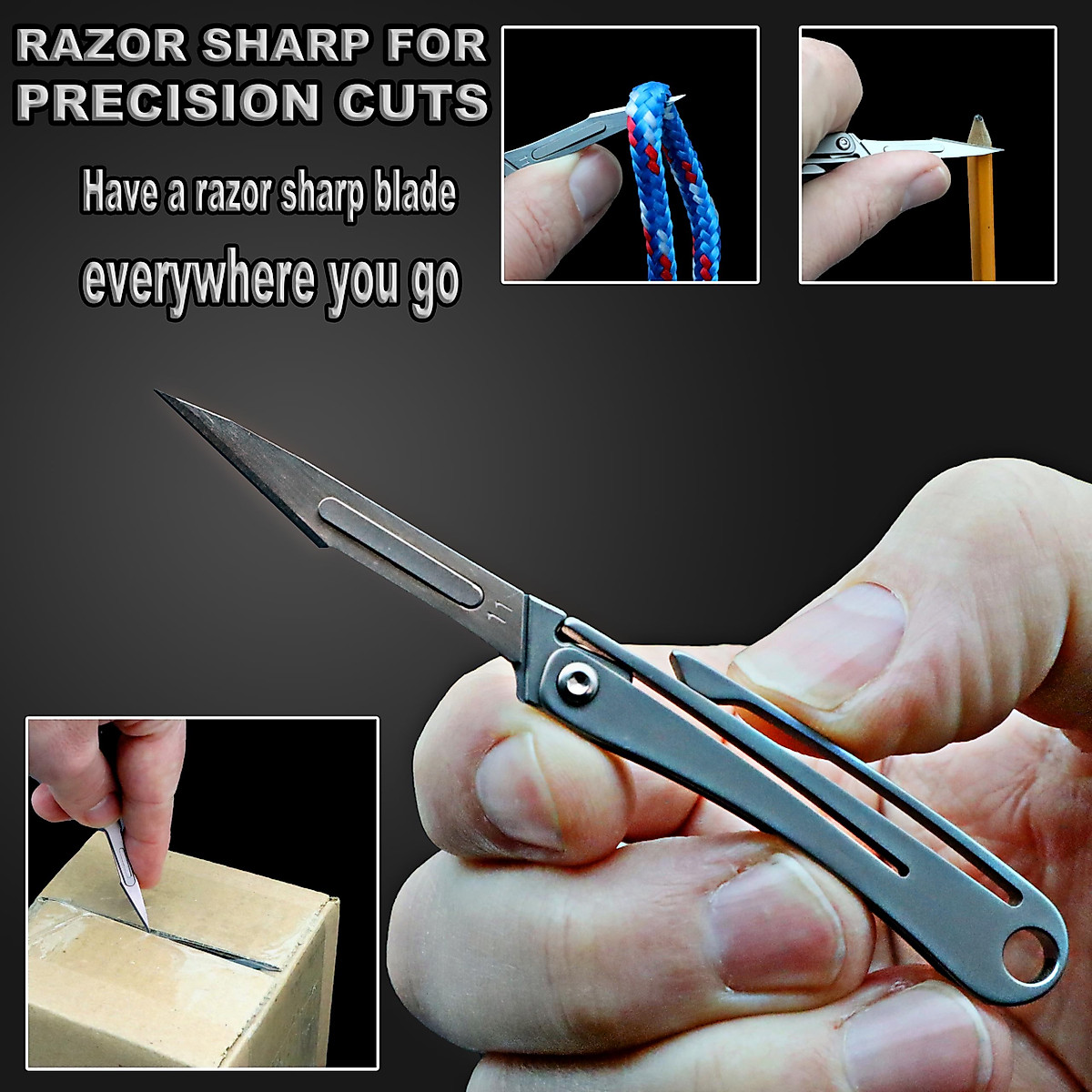 outROAR Gear Titanium Keychain Knife & 10 Replaceable Razor Blades, Mini Folding Scalpel Pocket Knife Box Cutter Hobby Knife