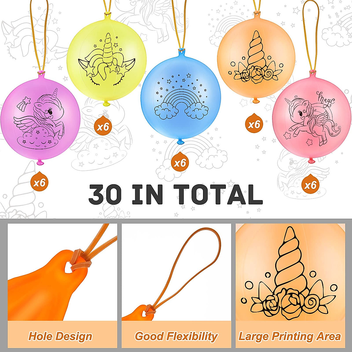 30 Pack Unicorn Party Favors Punch Balloons Large Punching Ball Latex Balloons with Rubber Band Handle for Kids Birthday Party Supplies