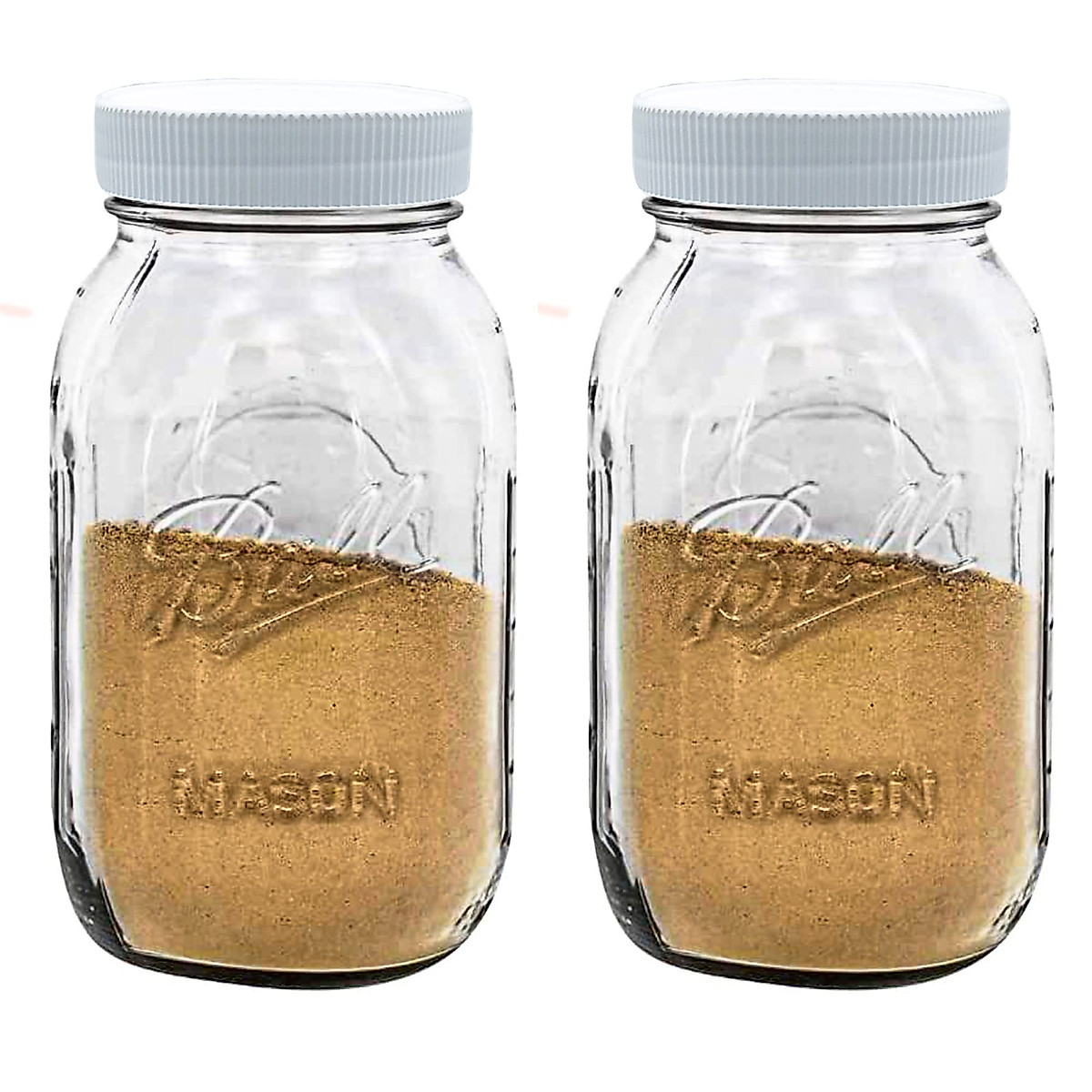 Regular Mouth Mason Jars 32 oz - (2 Pack) - Ball Regular Mouth 32-Ounces Quart Mason Jars with White M.E.M Food Storage Plastic Lids, Caps Fit Ball and Kerr Regular Mouth - For Storage, Freezing, Leak