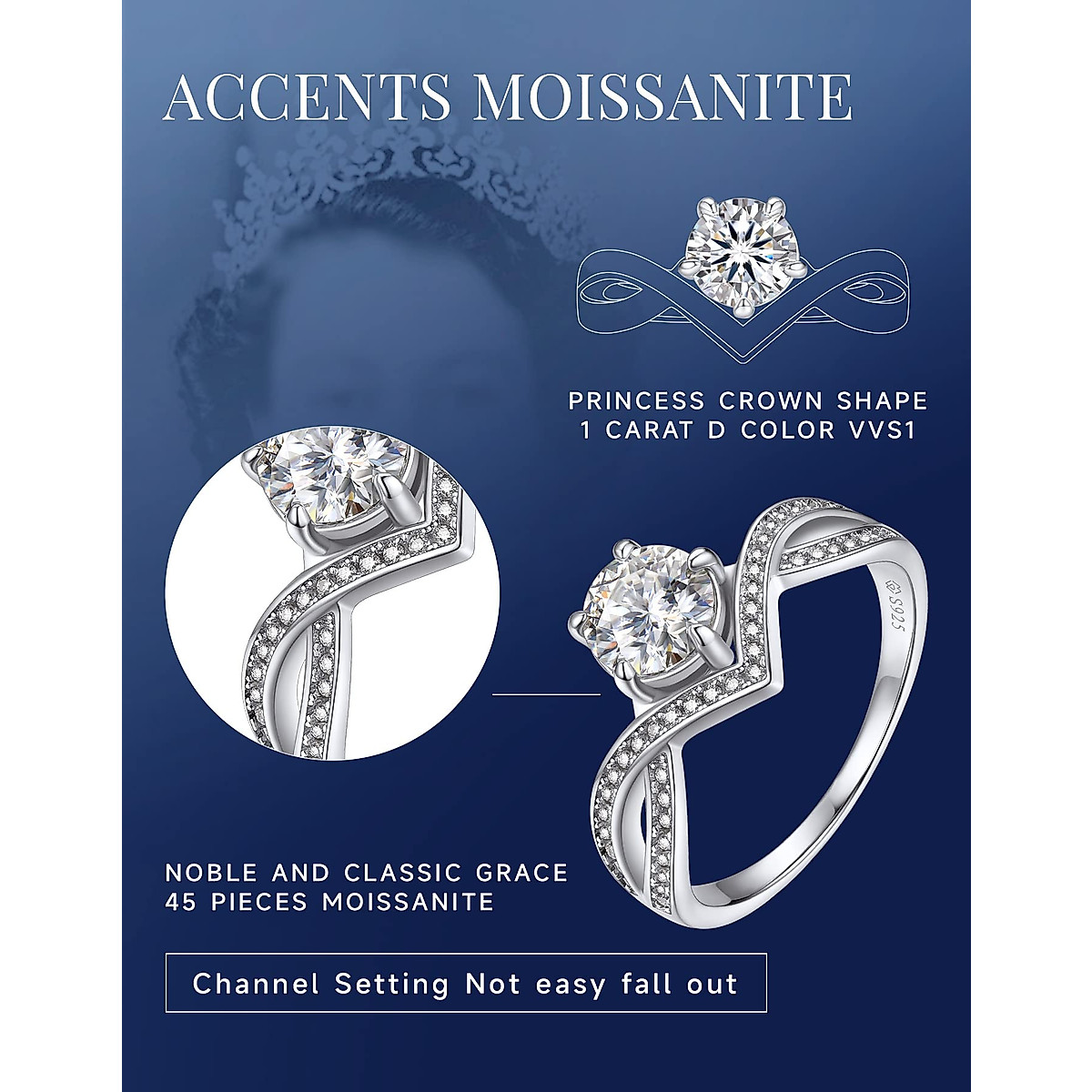 MomentWish Engagement Rings for Women, 1Carat Moissanite Promise rings, D Color VVS1 Simulated Diamond 925 Sterling Silver Accent Rings-Size7