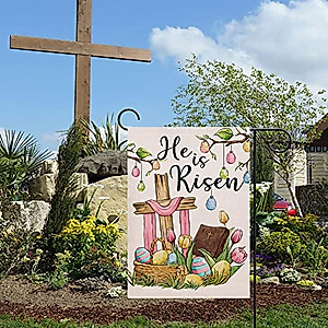Artofy He is Risen Easter Eggs Cross Religious Small Decorative Garden Flag, Tulip Flowers Faith Yard Lawn Outside Decor, Spring Burlap Outdoor Home Decoration Double Sided 12 x 18