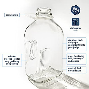 64 Oz Glass Milk Bottle with Lids, Half Gallon Carafe, Container for Refrigerator, Pitcher with Cap and Pour Spout, Made in USA by Kitchentoolz